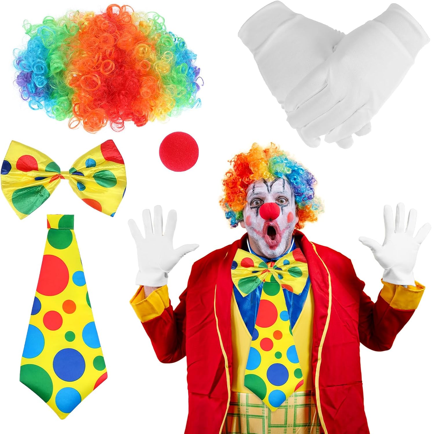 Amazon.com: Quilax 5Pcs Clown Costume Set, Red Clown Wig Accessories ...