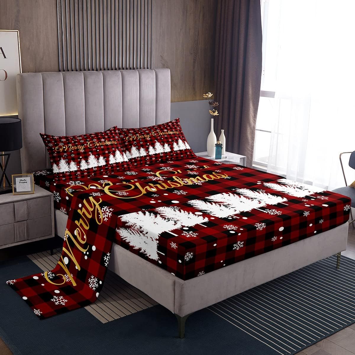 Amazon.com: Manfei Kids Merry Christmas Sheet Twin Size,Geometric Grid ...