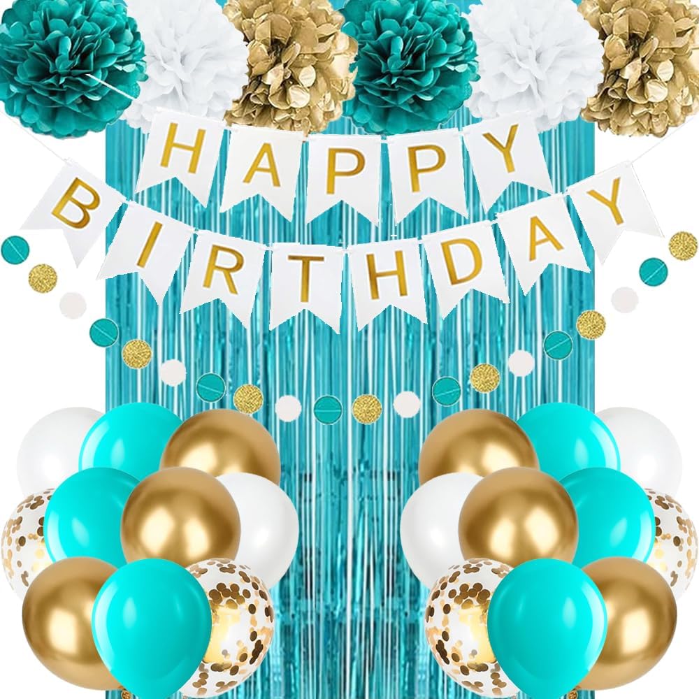 Amazon.com: Teal Blue and Gold Happy Birthday Party Decorations for Men ...