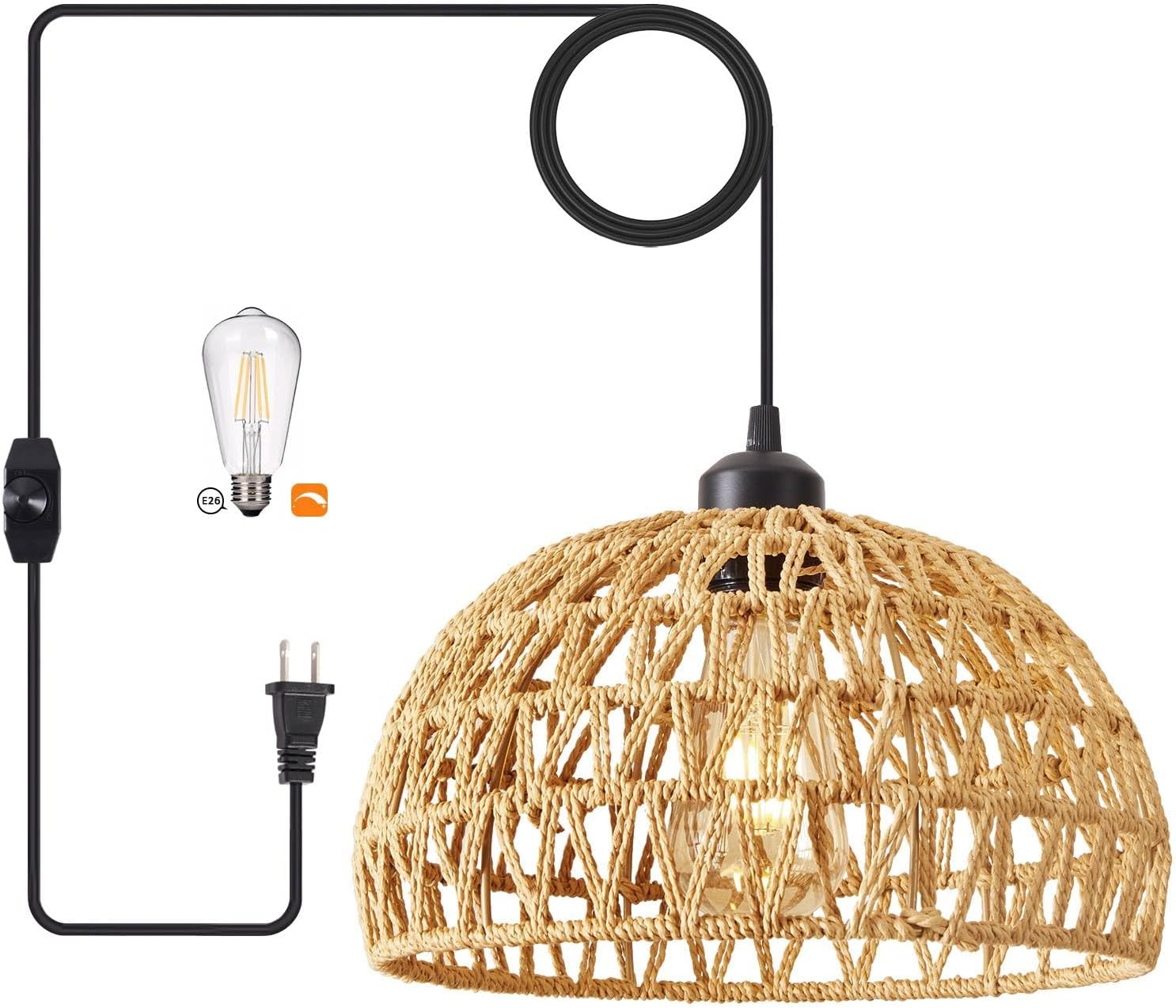 BESMAIJA Plug in Pendant Light Rattan Hanging Lights with Plug in Cord ...
