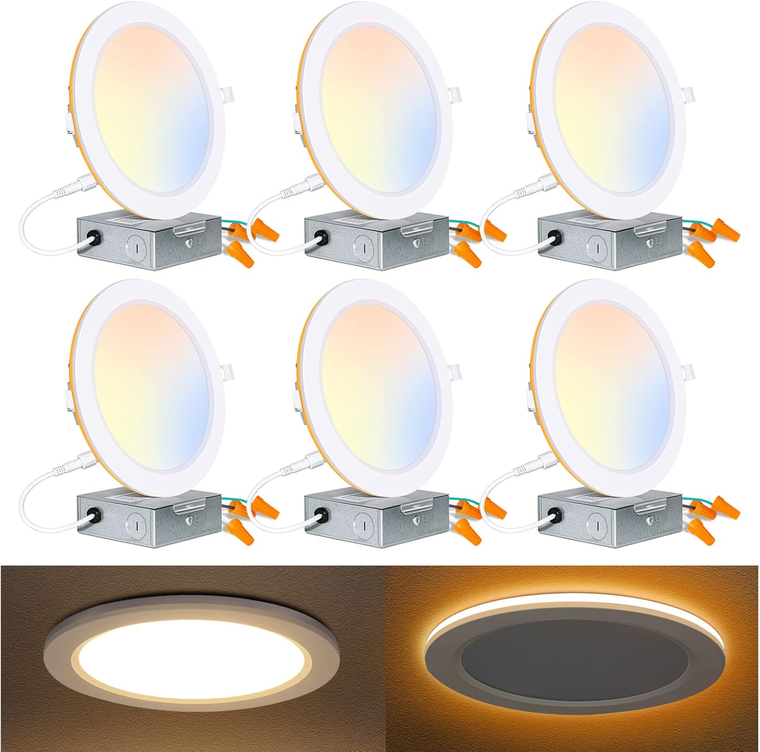 6 Pack 8 Inch LED Recessed Ceiling Light with Night Light, CRI90, 27W ...