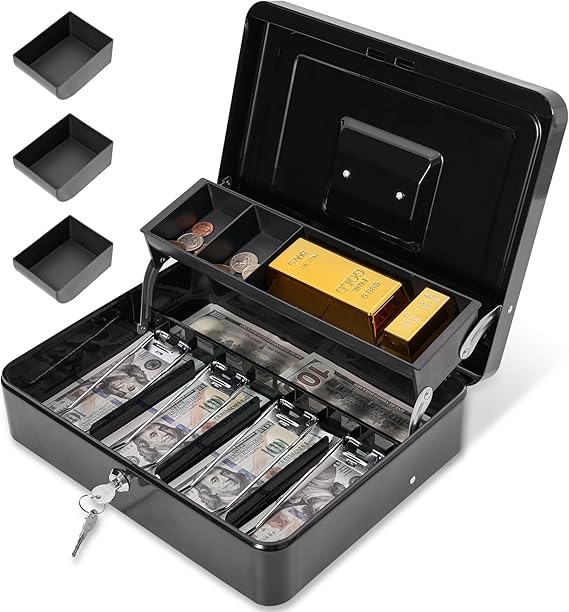 Amazon.com: Polspag Cash Box with Lock and 2 Keys, Large Cash Boxes ...