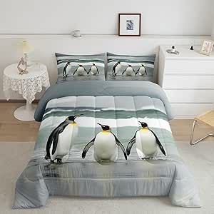 Amazon.com: Cute Penguin Comforter Set Coastal Ocean Wave Bedding Set ...