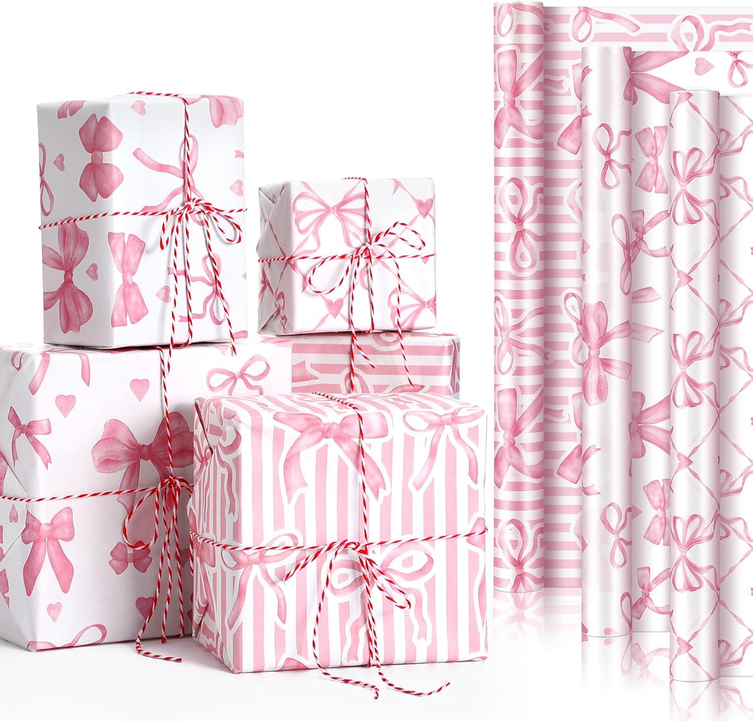 Amazon.com: 6 Rolls Pink White Bow Wrapping Paper 16 x 39 Inch Per Roll ...