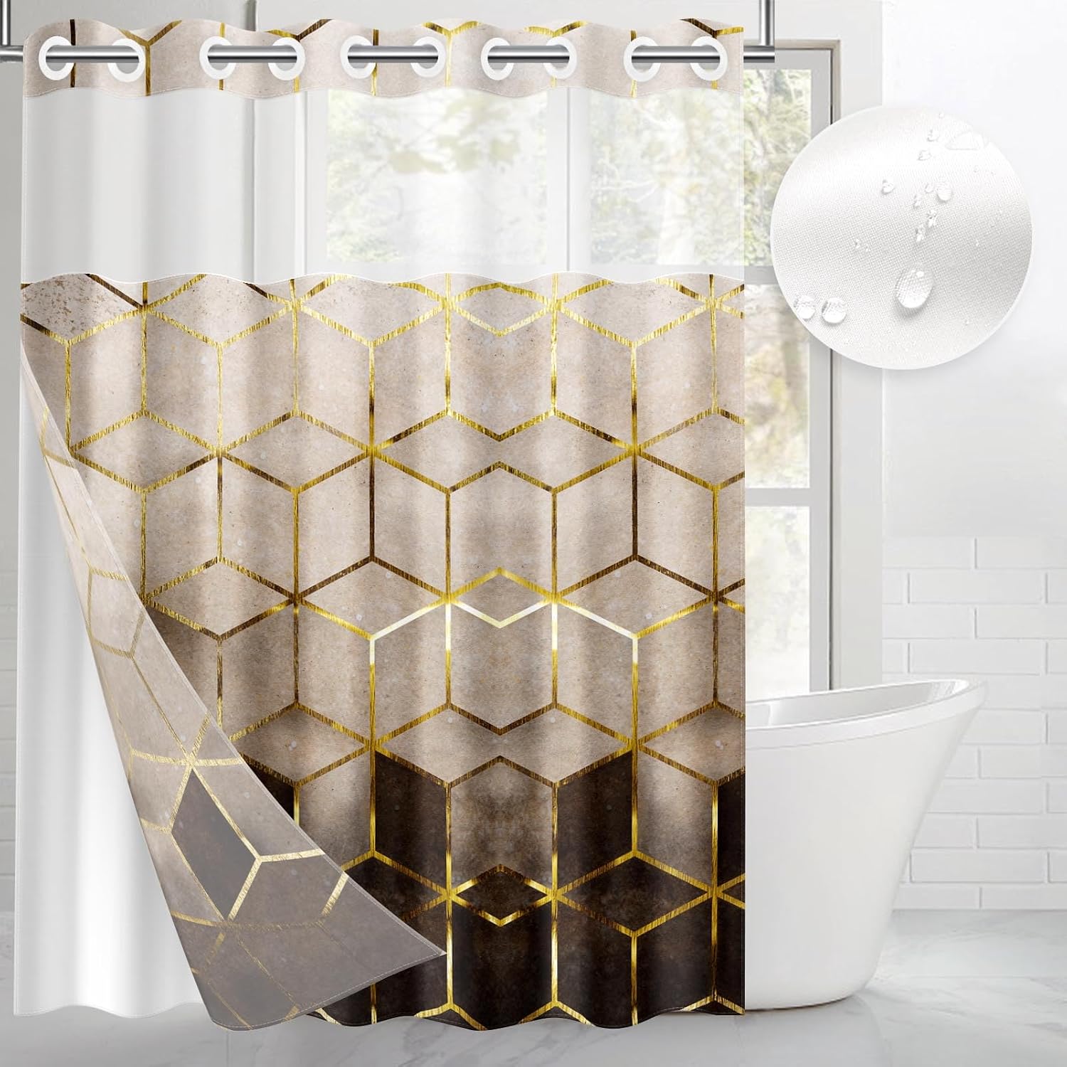 Amazon.com: Britown No Hook Brown Gold Geometric Shower Curtain with ...