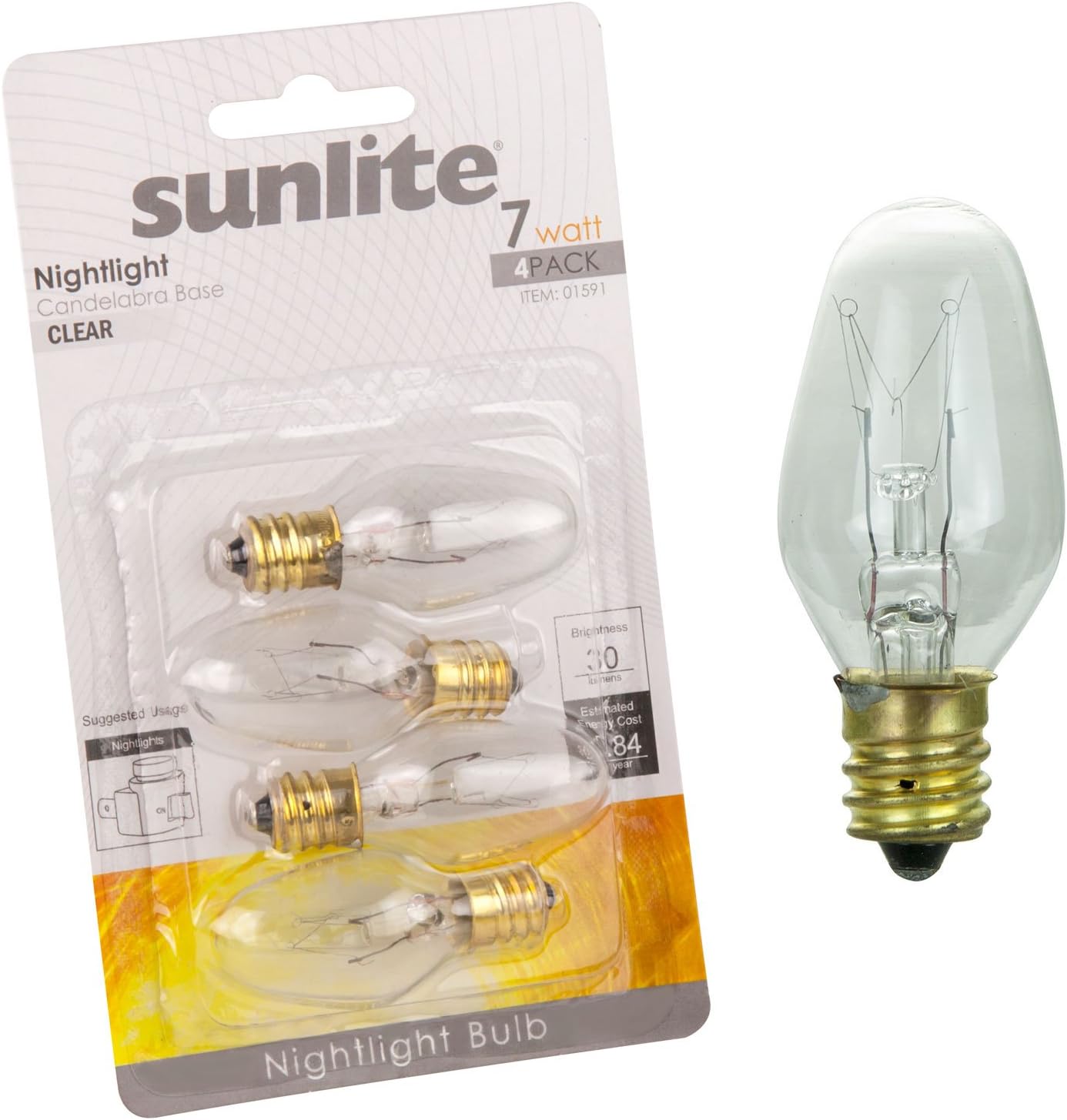 Sunlite 01285 7C7 Incandescent Bulb, 7 Watt, Candelabra E12 Base, C7 ...