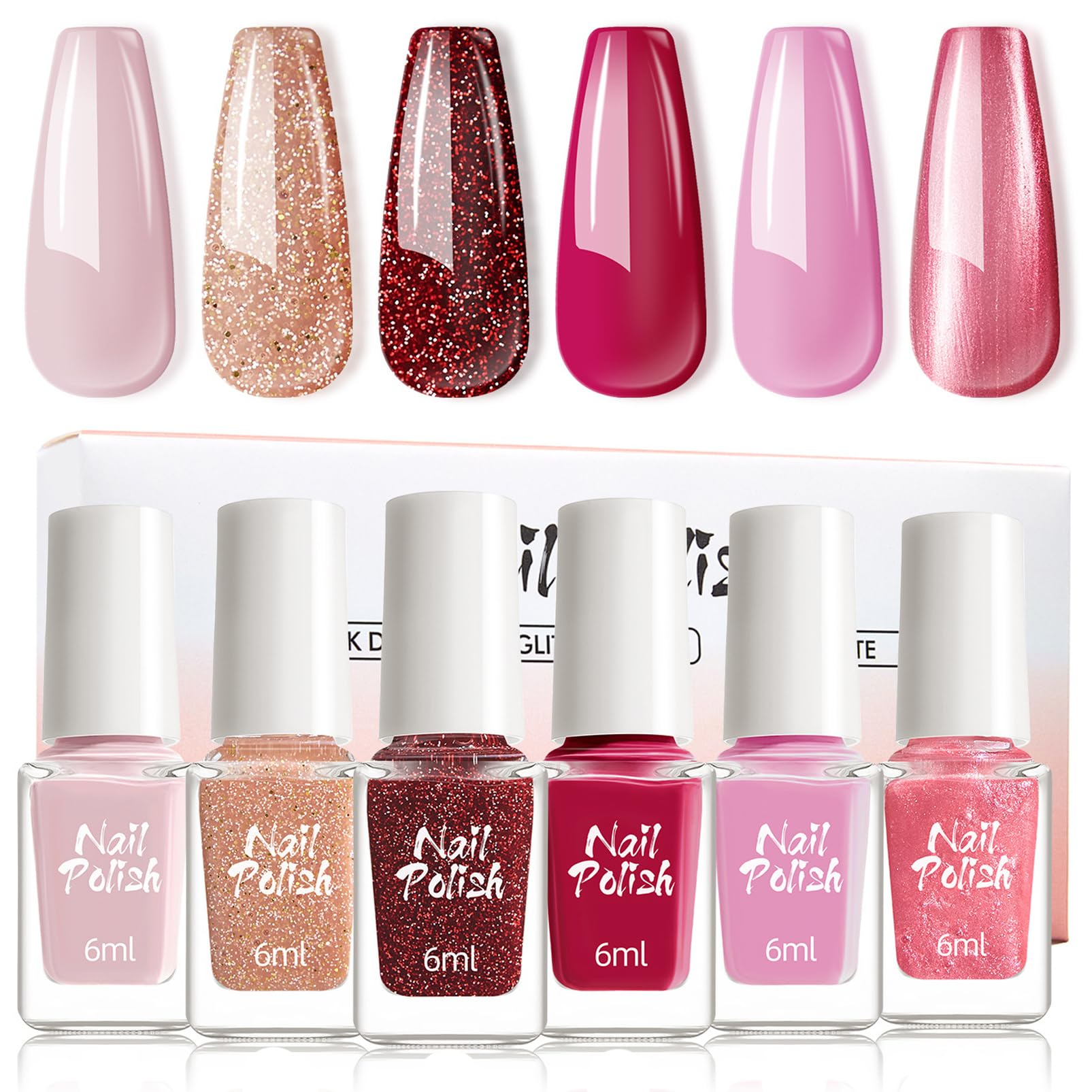 Nail Polish Set - Pink Nail Varnish, 6pcs Nail Polish Quick Dry Nail ...