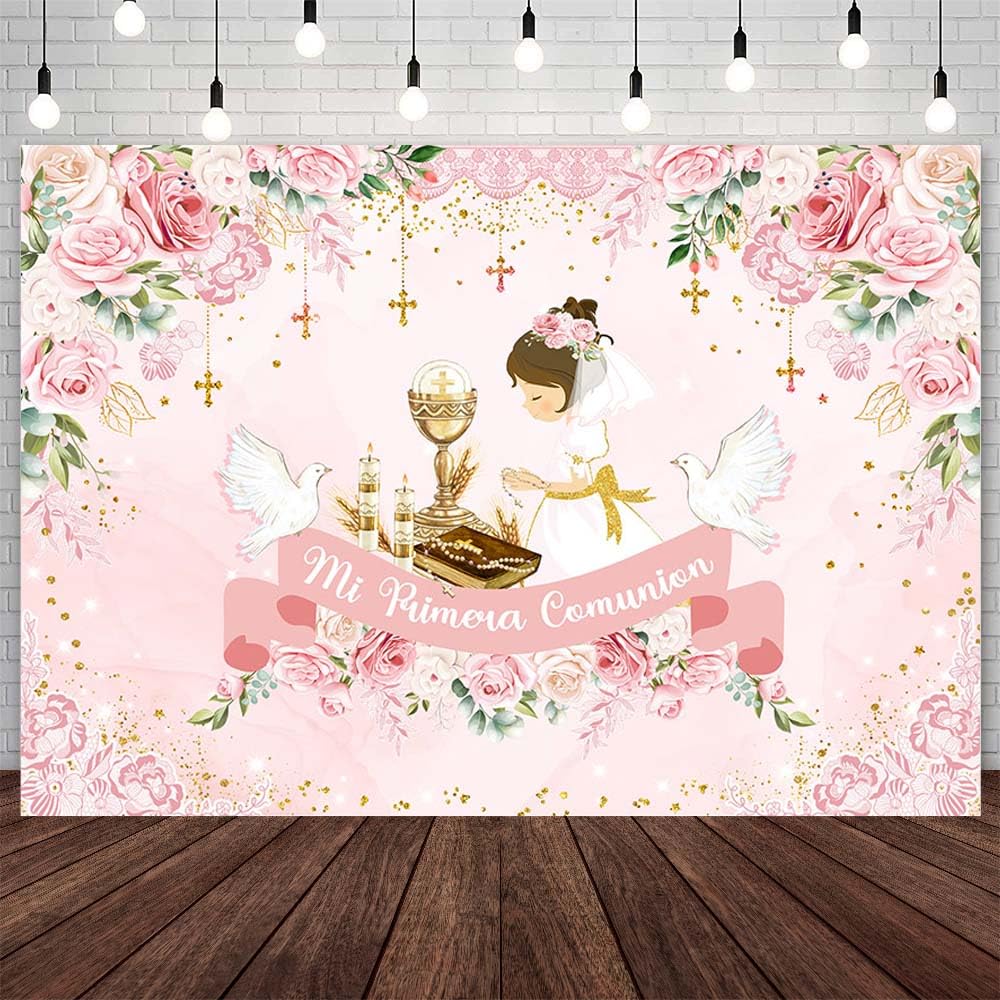 First Communion Party AIBIIN 7x5ft Boho Baptism Backdrop For Girl Mi ...