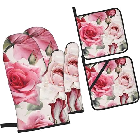 Amazon.com: Pink Roses Oven Mitts and Pot Holders Set of 4, Vintage ...