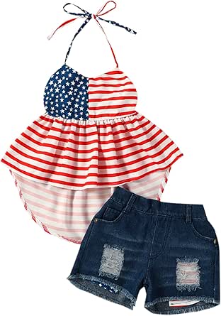 Amazon.com: LYQTloml 4th of July Toddler Girl Outfit American Flag Halter Top Girls Ripped Jeans ...