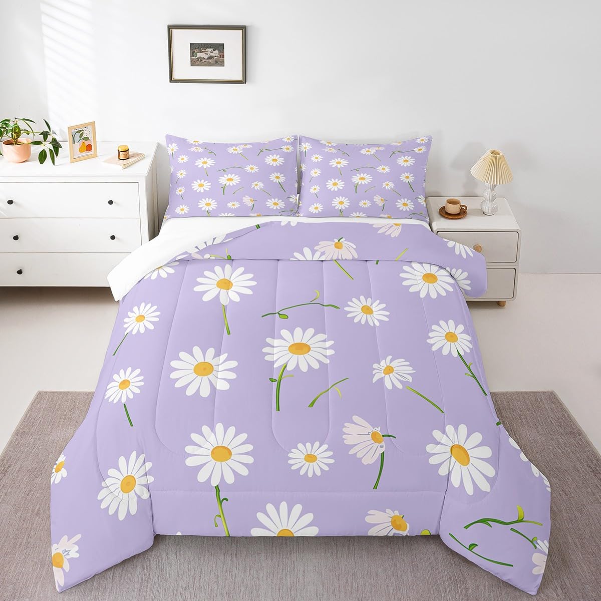 Amazon.com: Manfei White Daisy Comforter Set Full Size, Botanical Theme ...