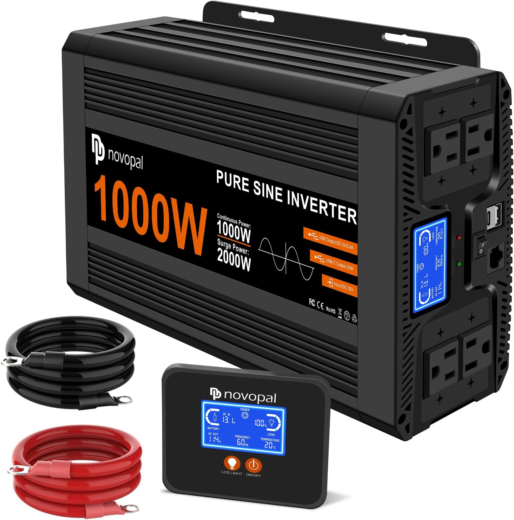 Amazon.com: Novopal 1000 Watt Pure Sine Wave Inverter DC 12V to 110V ...