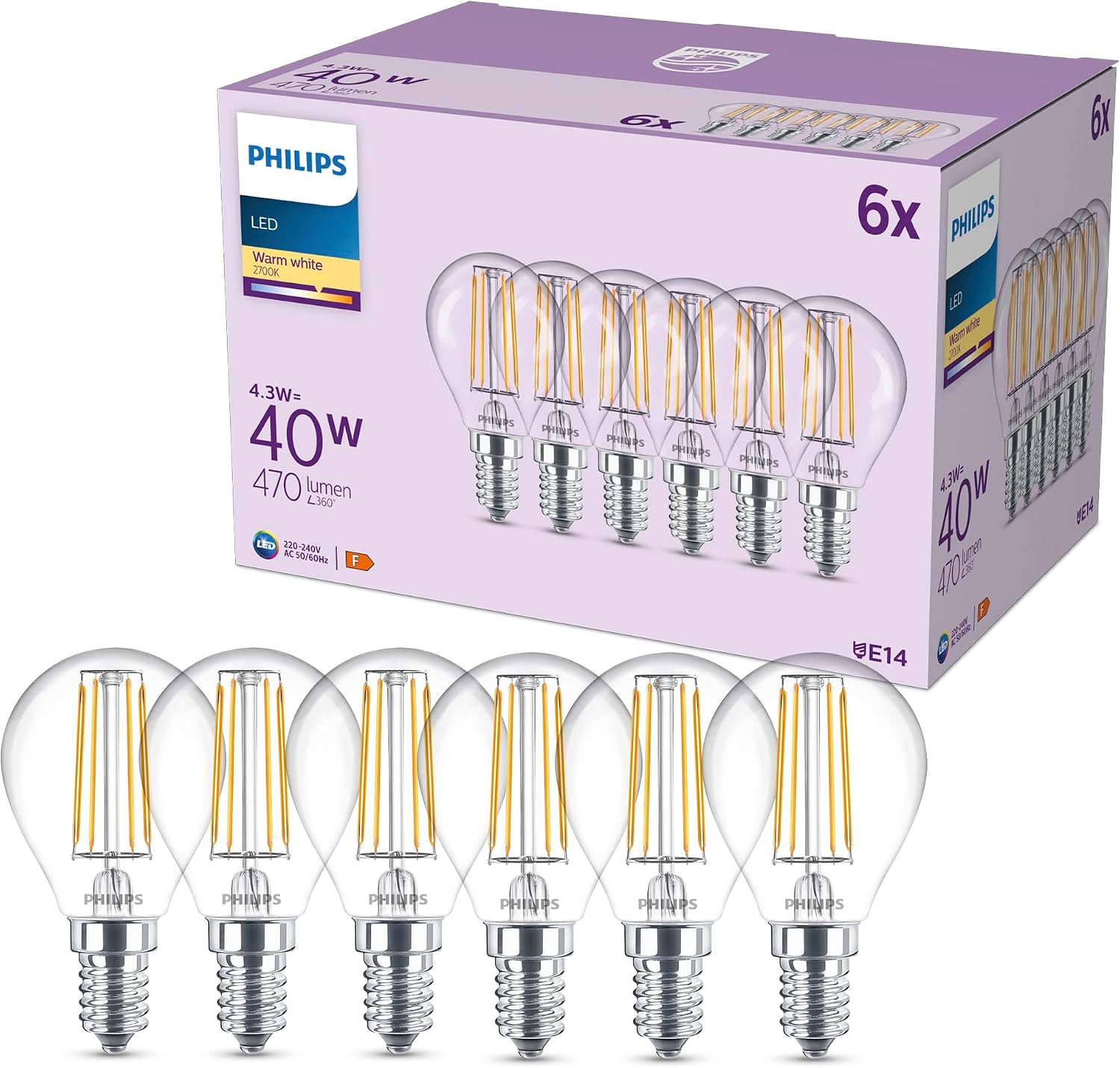 Philips Classic P45 LED Bulb, 40 W, Clear, E14 Socket, Warm White 2700 ...