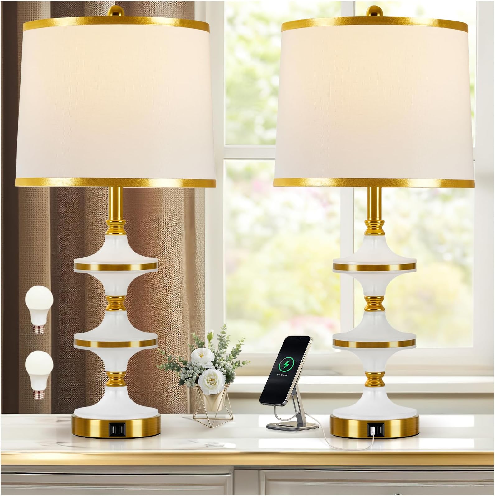 PURESILKS 27” Crystal Table Lamp,Gold Coral Design and Rectangular ...