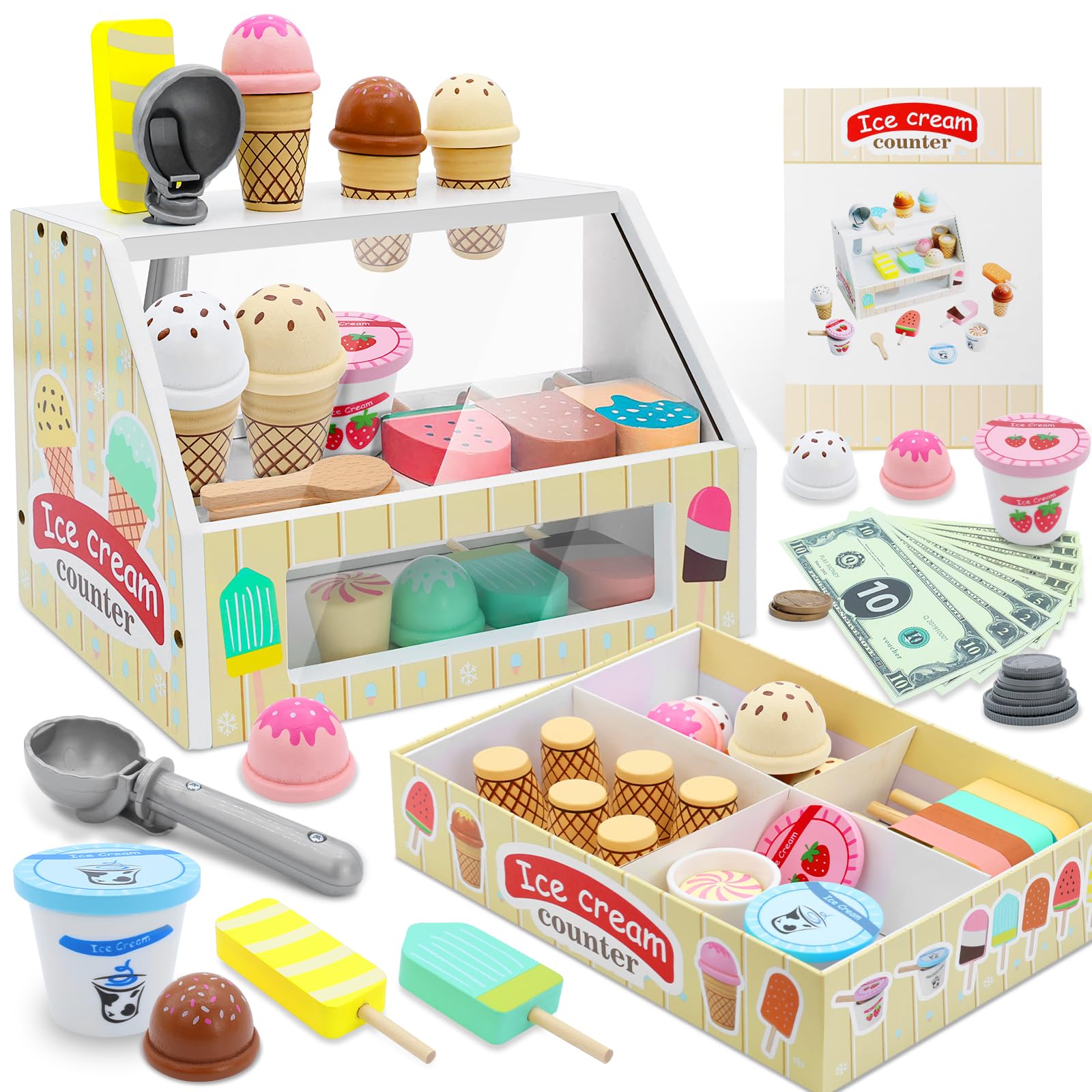 46Pcs Ice Cream Counter Playset for Kids, Wooden Ice Cream Shop Pretend ...