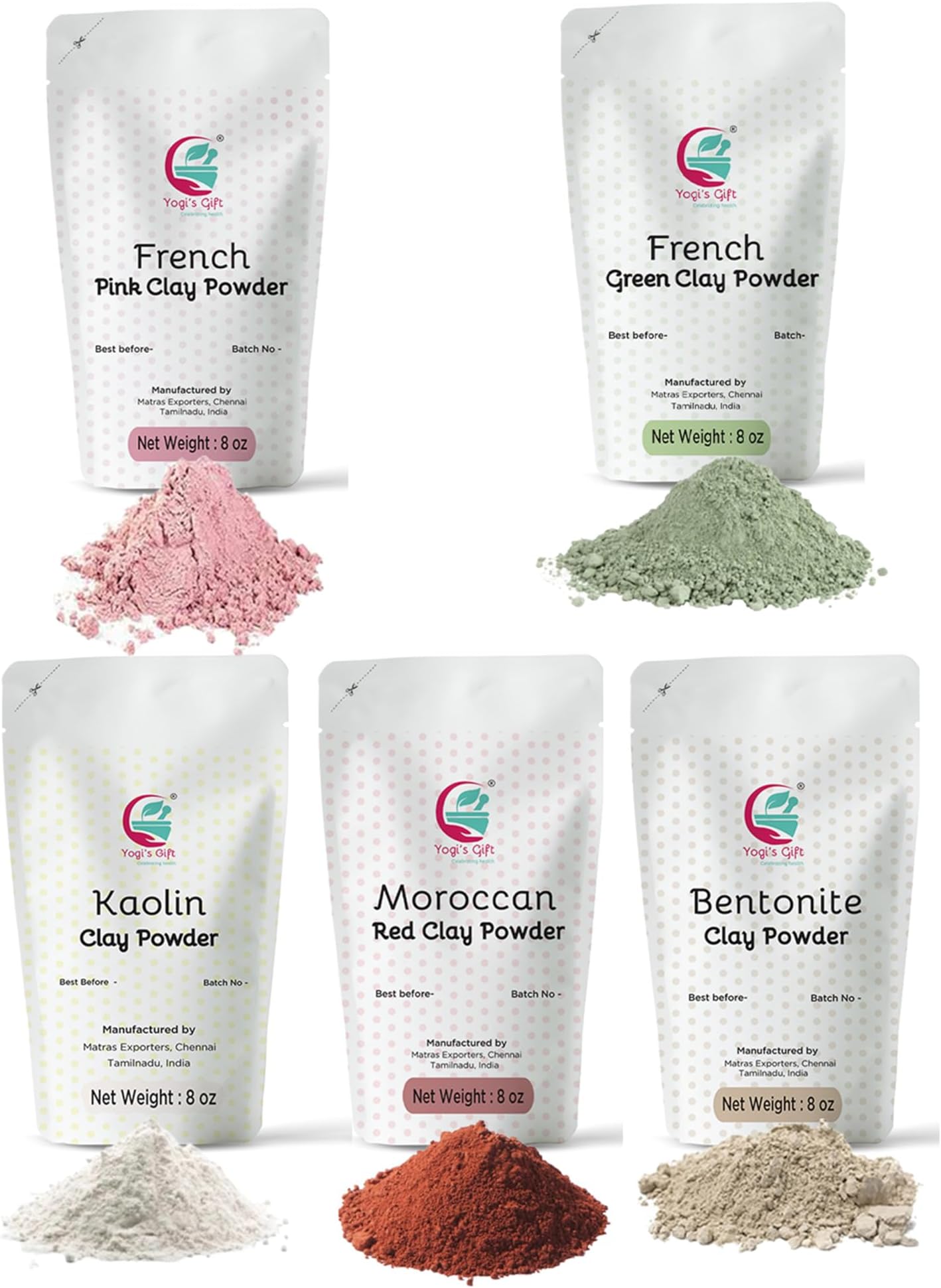 Pack of 5 Clays | Rose Clay, French Green Clay, Kaolin Clay, Moroccan ...