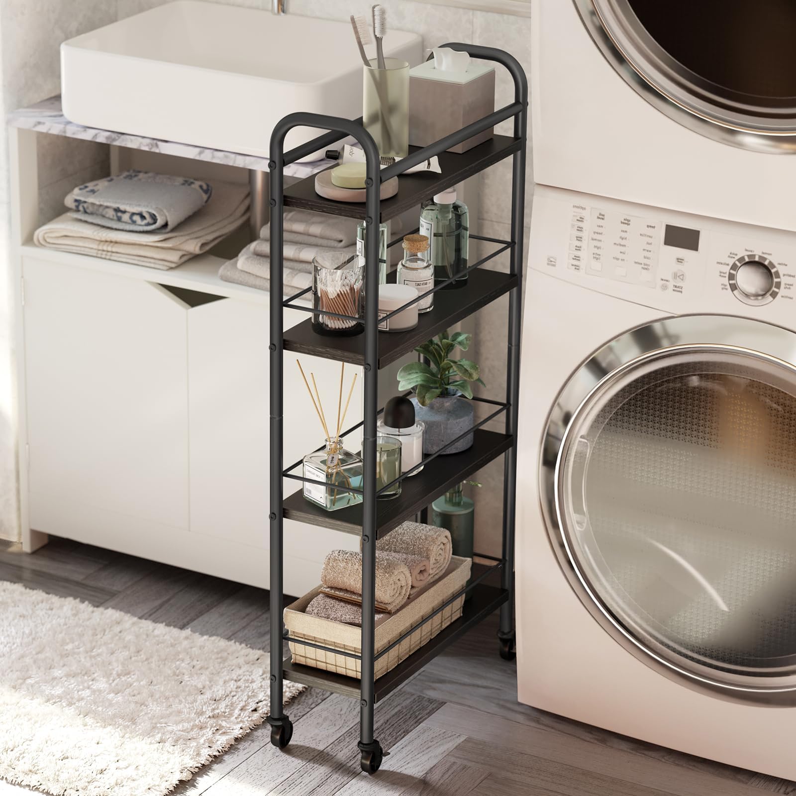 Amazon.com: Asgolion Black Slim Storage Cart, 4 Tier Rolling Utility ...