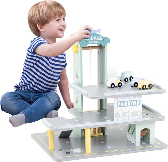 COSTWAY Wooden Garage Playset, 3 Storey Kids Parking Garage with 4 Toy ...