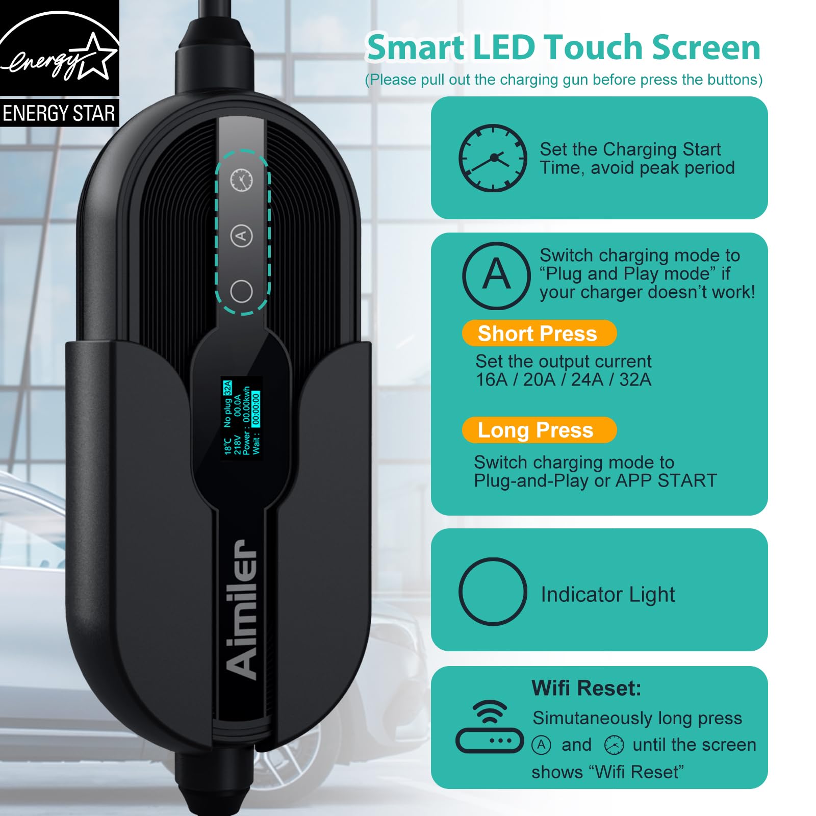 AIMILER Level 2 Electric Vehicle (EV) Charger(32Amp, 220V-240V, NEMA 14 ...