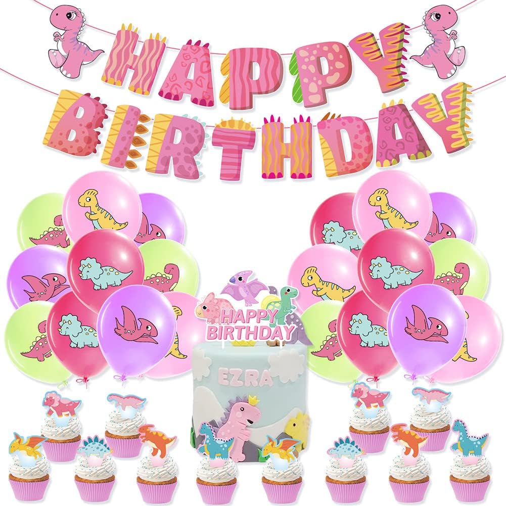 36 PCS Pink Dinosaur Party Decorations,Dinosaur Birthday Party Supplies ...