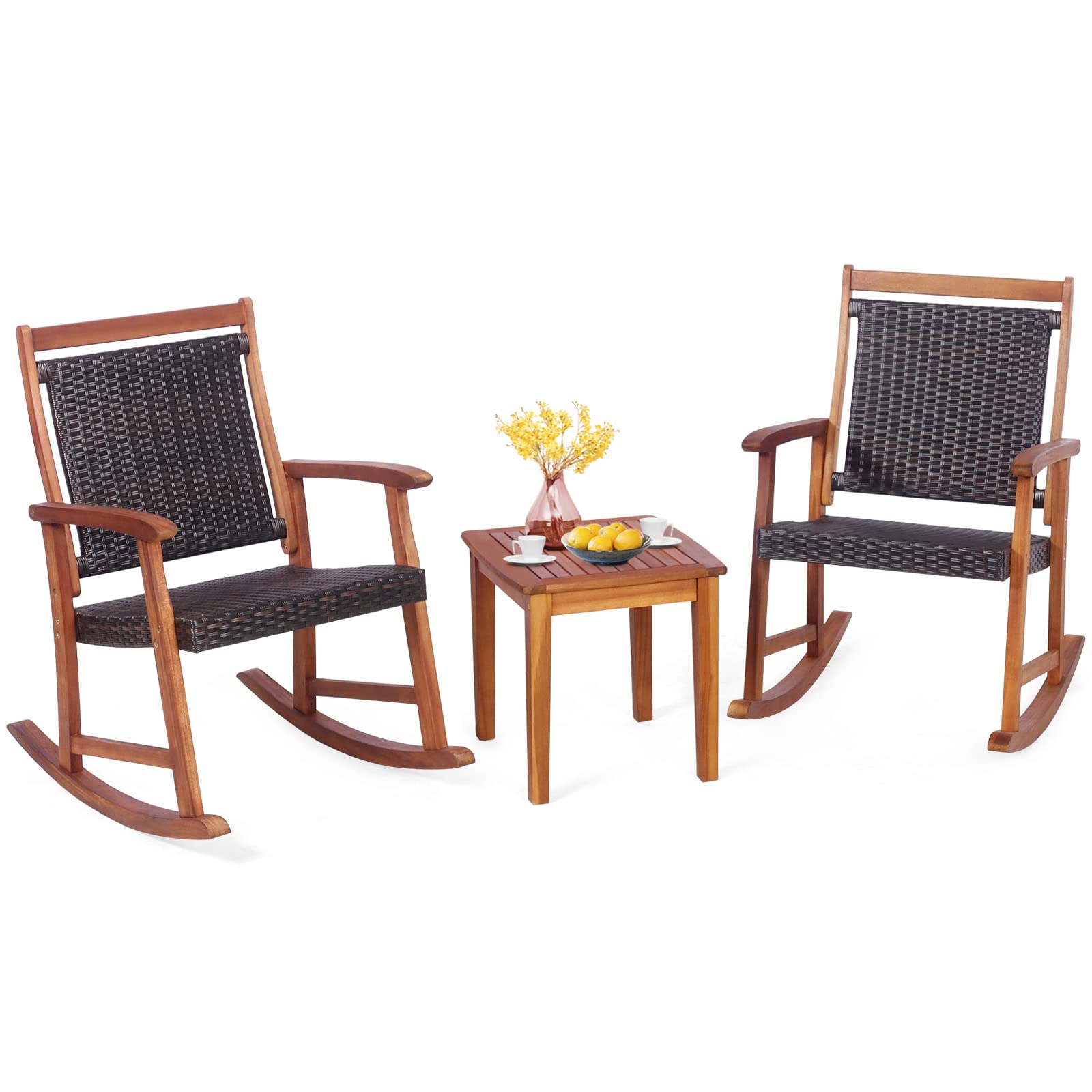 Amazon.com: HAPPYGRILL 3 Pieces Rocking Bistro Set Acacia Wood Patio ...