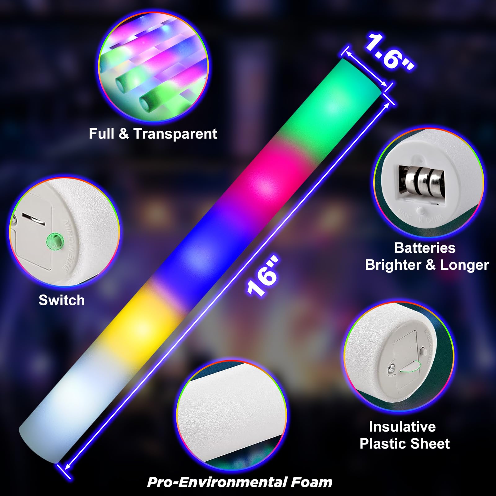 SHQDD Bulk Glow Sticks, 30 PCS Giant 16 Inch LED Foam Sticks, with 5 ...