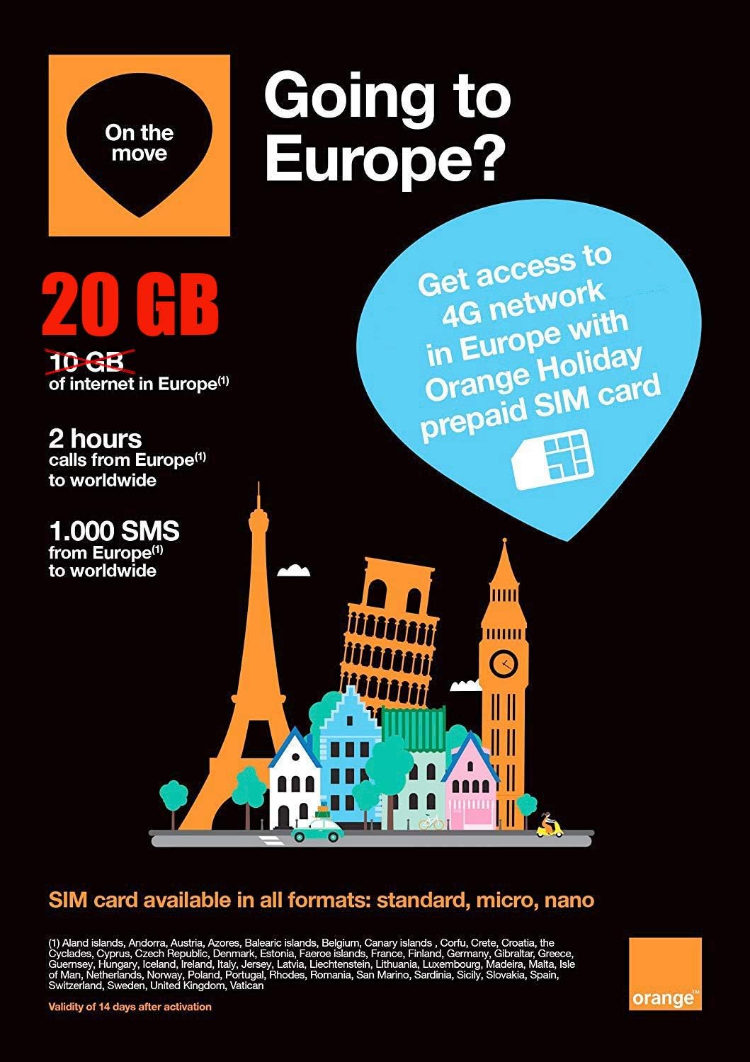 Orange Holiday Europe – Prepaid SIM card – 20GB Internet Data in 4G/LTE ...
