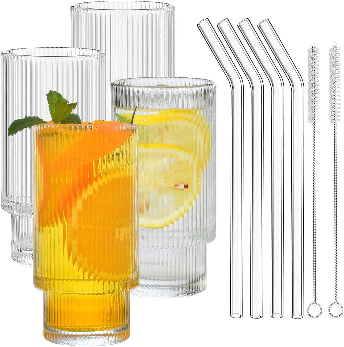 PAKCHOICE 4-Pack Ribbed Glassware Drinking Glasses Cups with Straws ...