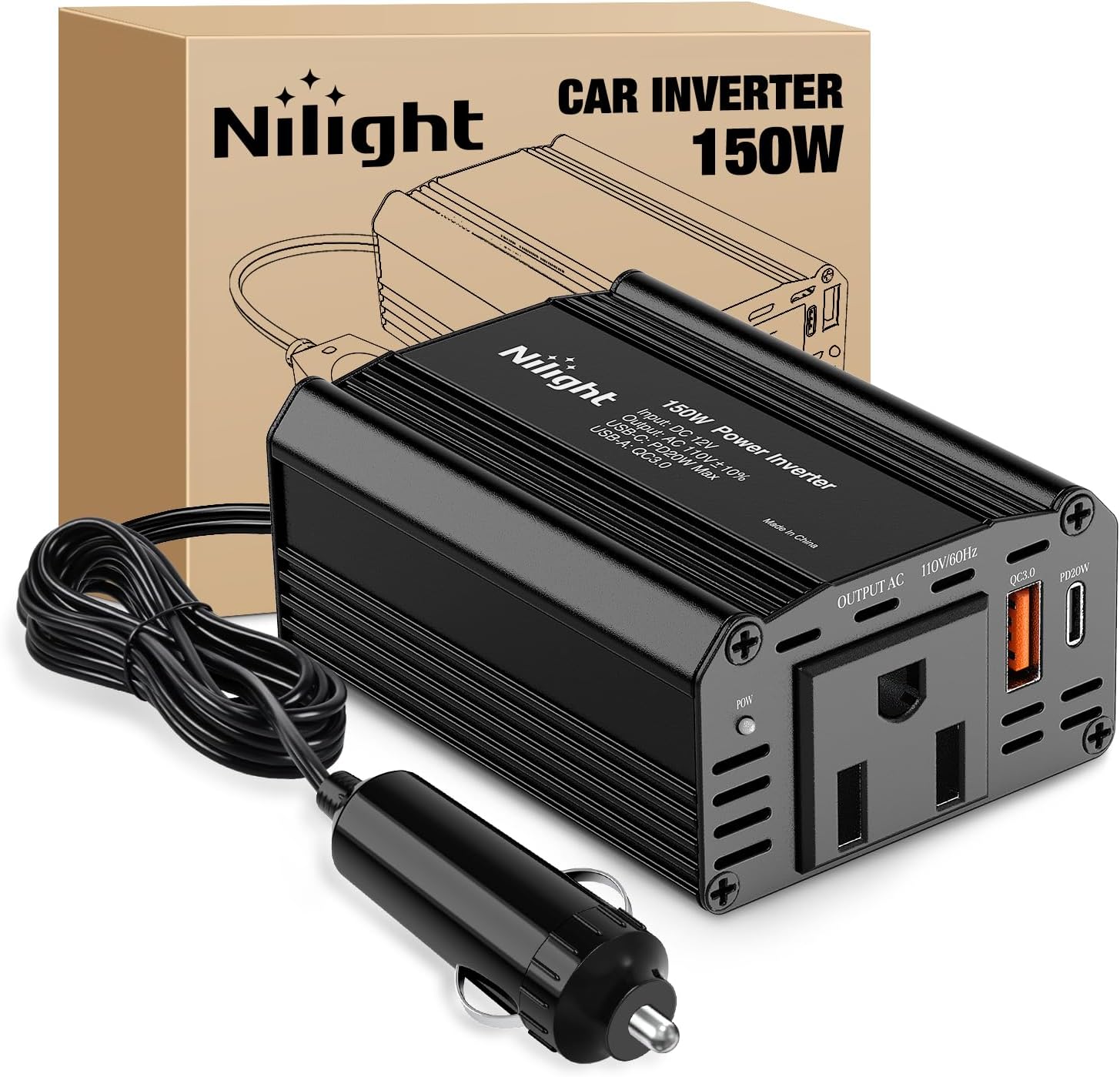 Amazon.com: Nilight 150W Power Inverter 12V DC to 110V AC Car Converter ...