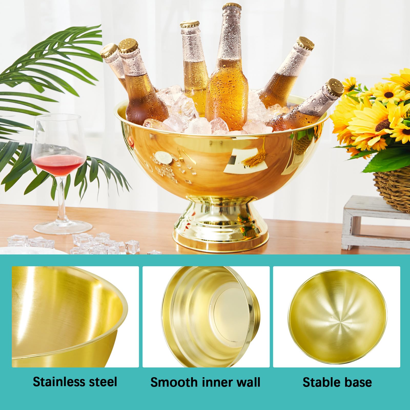 12L Large Size Gold Stainless Steel Ice Bucket Punch Bowl for Parties ...
