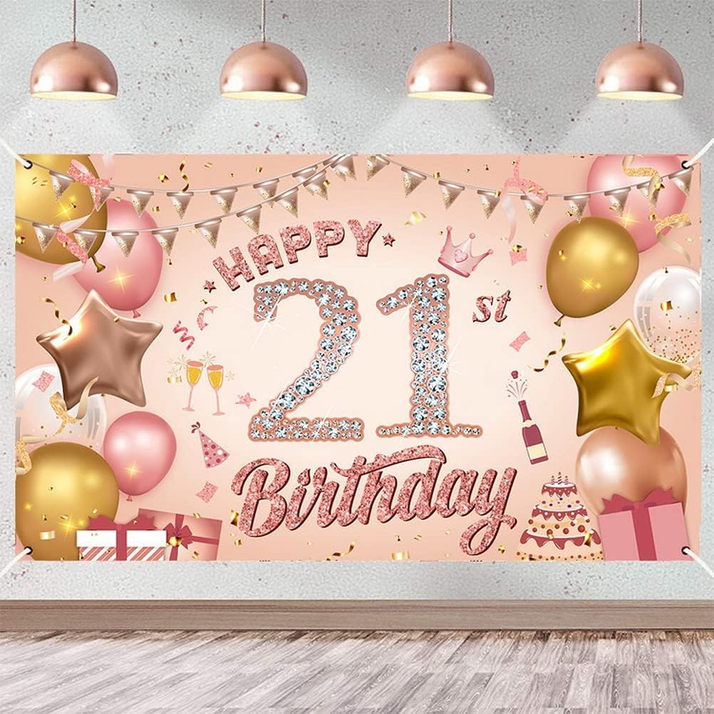 Happy 21st Birthday Banner Rose Gold Party Decoration Backdrop, Poster ...
