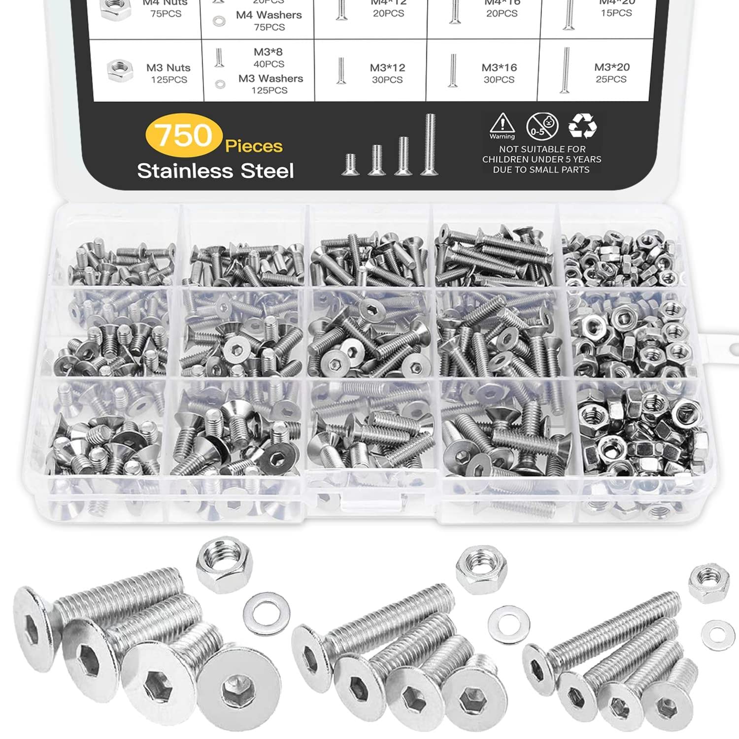 Vlookee M4 Screws 750PCS Hex Flat Head Cap Bolts Screws Nuts Washers ...