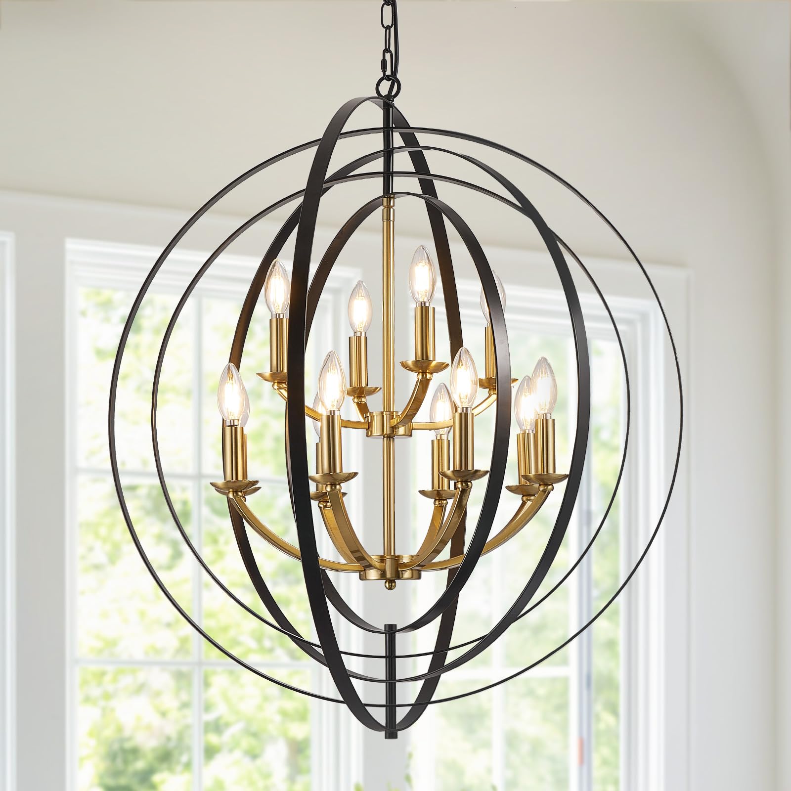 Black and Gold Chandelier, 12-Light Farmhouse Chandelier for Entryway ...