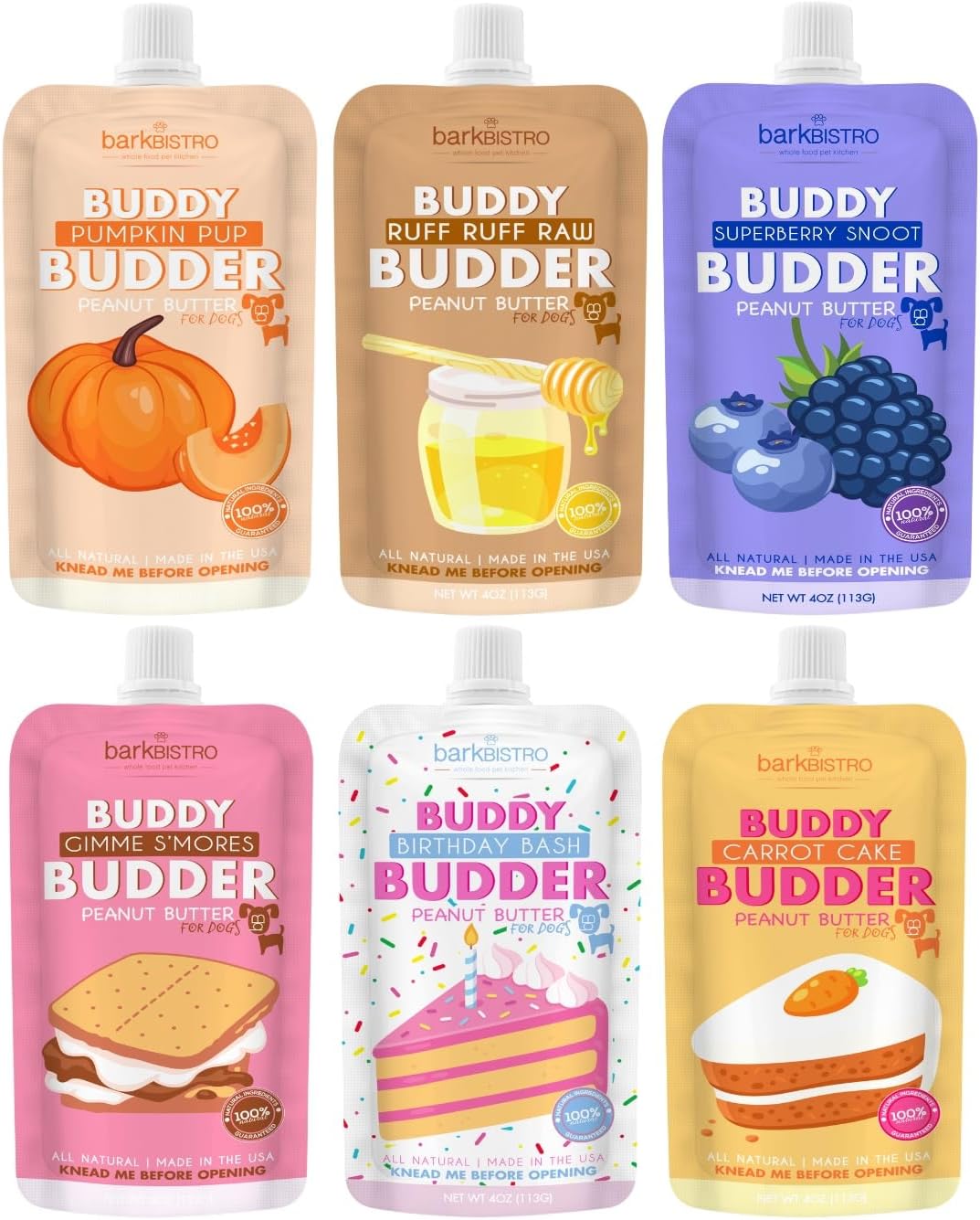 BUDDY BUDDER 6 Pack Mixed Flavor Squeeze Packs, 100% Natural Dog Peanut ...