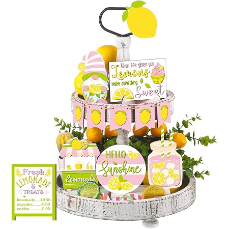Amazon.com: 12 Pcs Summer Lemon Tiered Tray Decor Wooden Lemon Kitchen ...