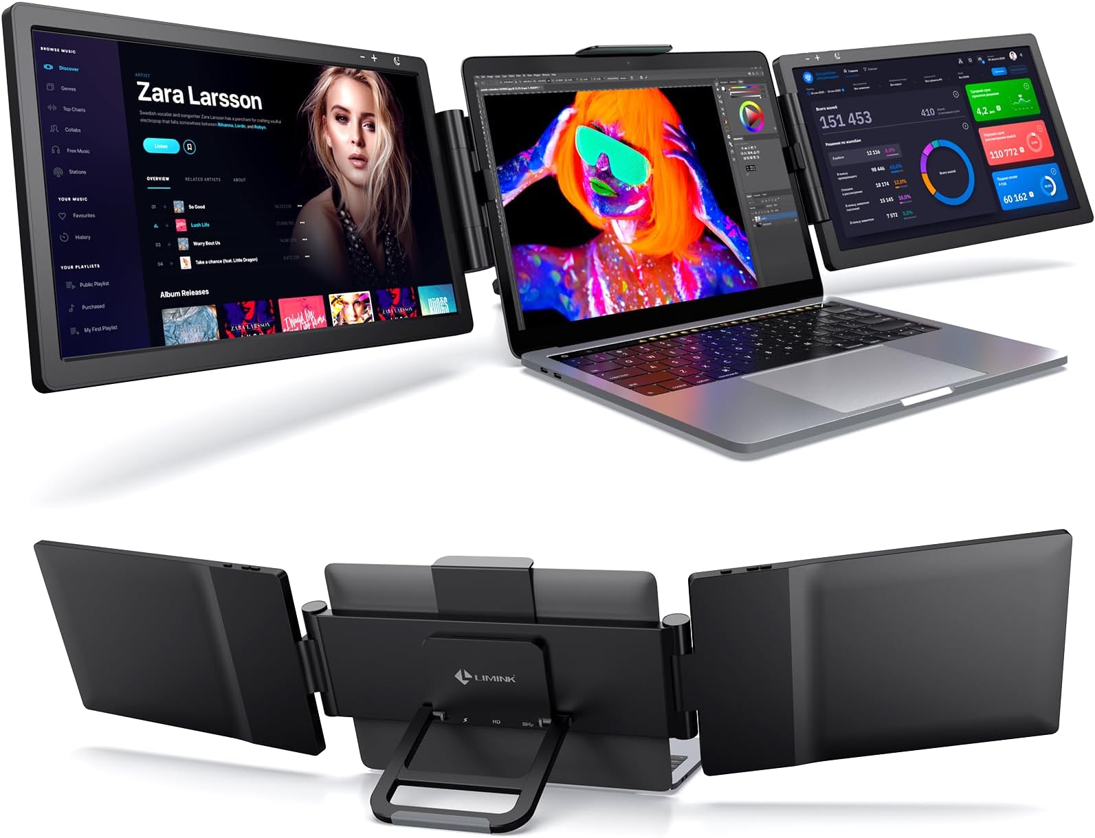 L LIMINK SP12 Portable Triple Monitor for 13-16" Laptop, Upgrade FHD 12 ...