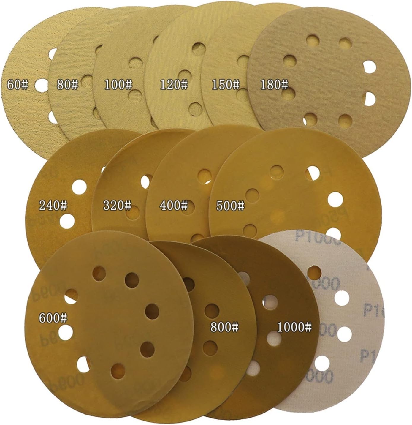 Sand paper 10 Pcs 5 Inch 125MM 8 Holes Aluminium Oxide 60 to 1000 Grits ...