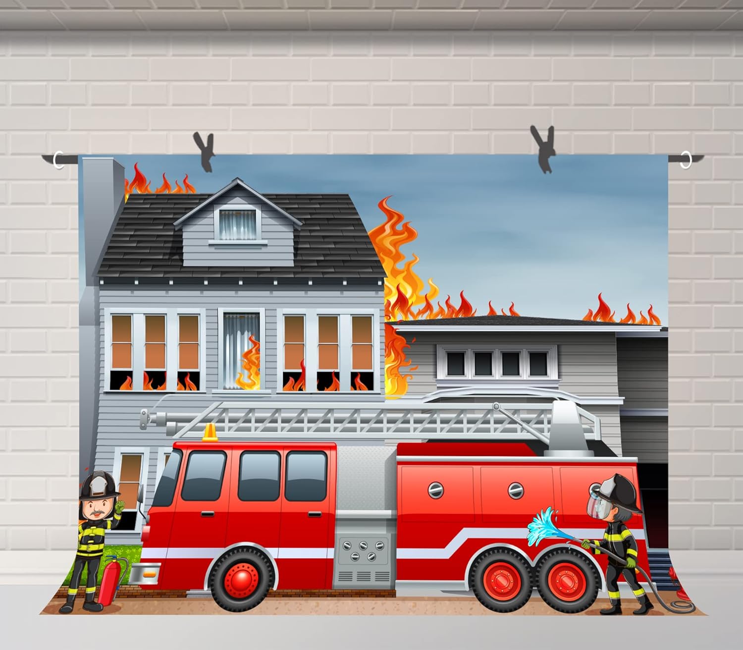 Amazon.com : FUERMOR 7x5ft Cartoon Fire Truck Backdrop Firefighter ...