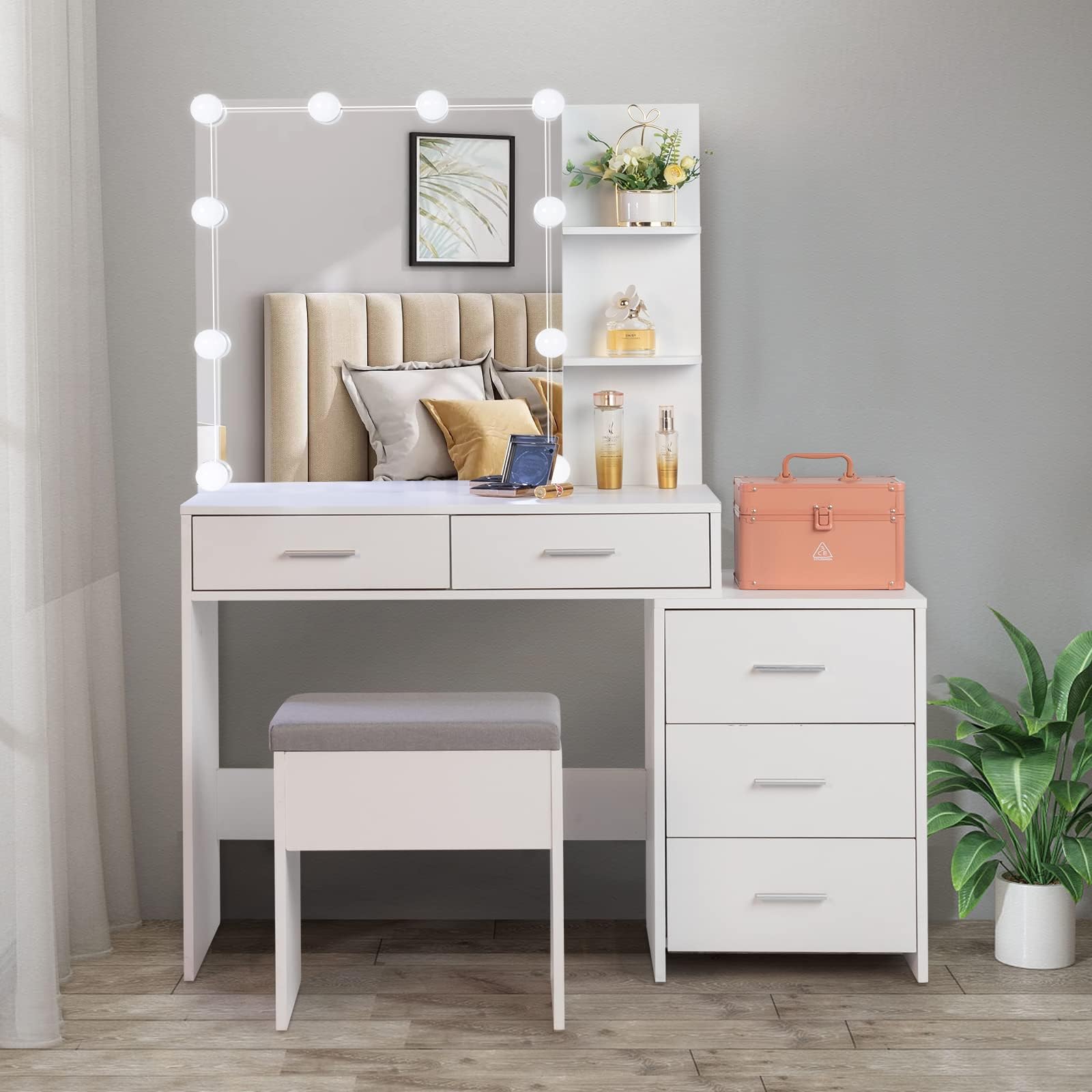 CLIPOP Bedroom Dressing Table Set with LED Mirror and Stool and ...