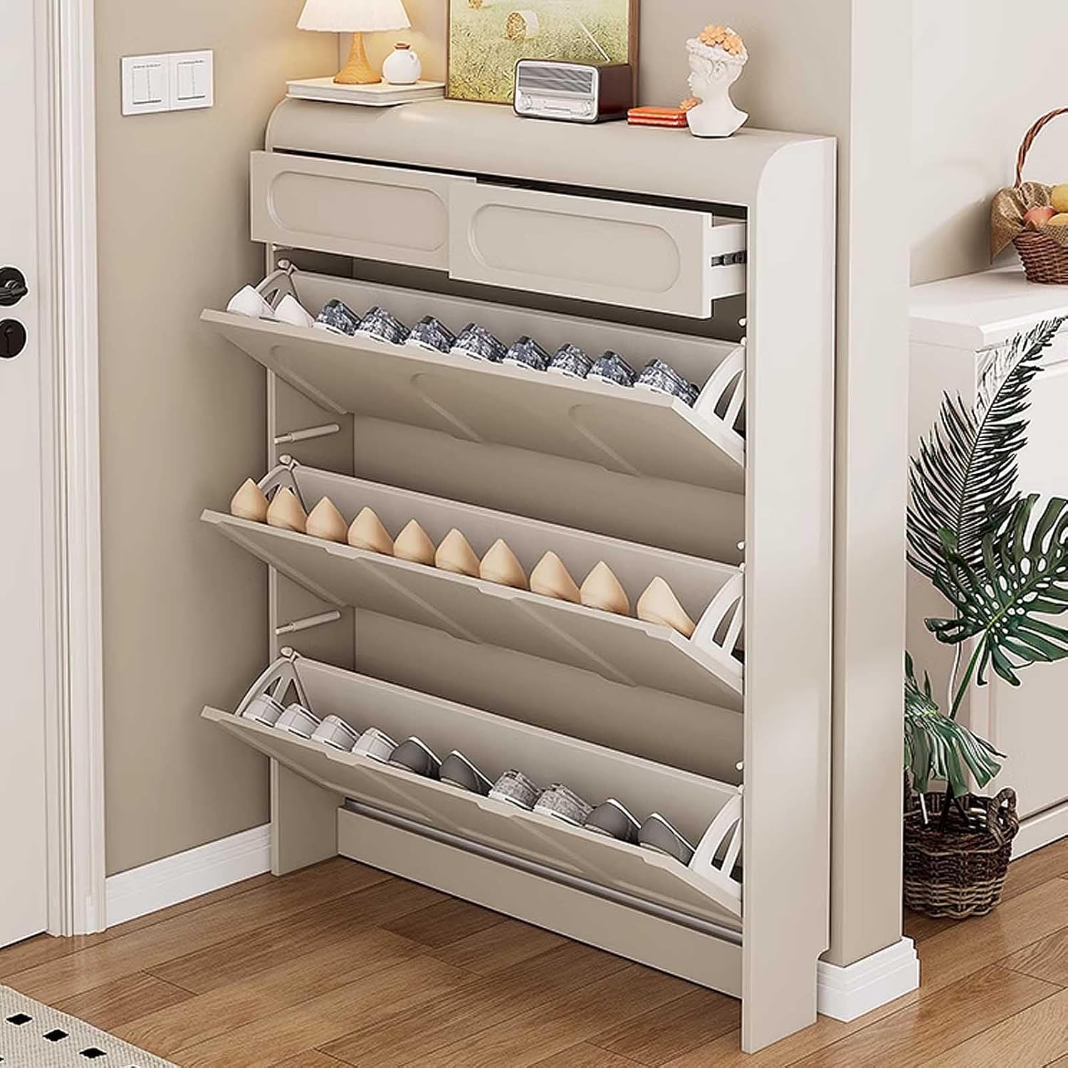 Amazon.com: HotcoS Shoe Cabinet with 3 Flip Drawers, Tipping Bucket ...