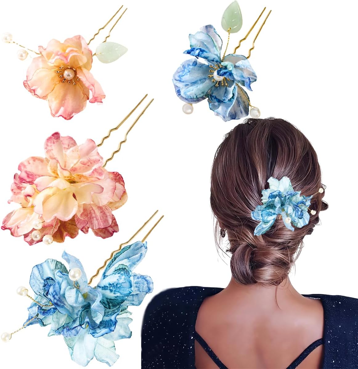 Amazon.com : 4 PCS Flower Hair Pins Pink Hair Pins Set Embellished With ...