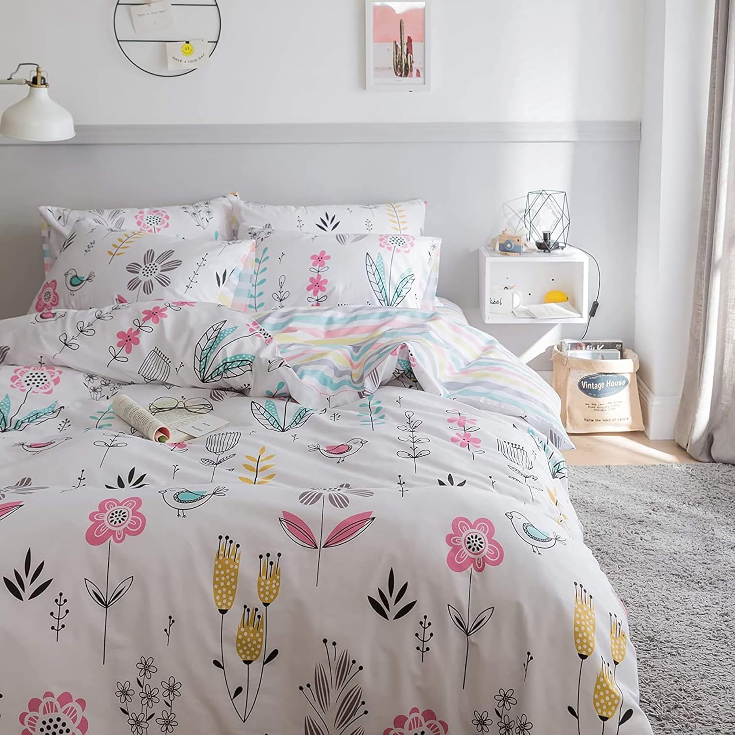 Amazon.com: Floral Girls Duvet Cover Twin Boho Floral Bird Print ...