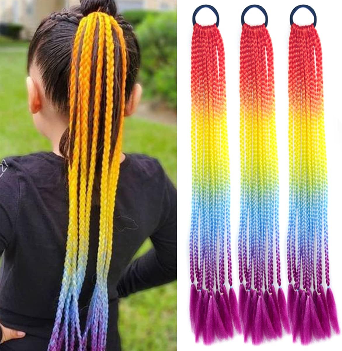Amazon.com : 3 Pieces Girls Hair Extension Accessories, Colored Braids ...