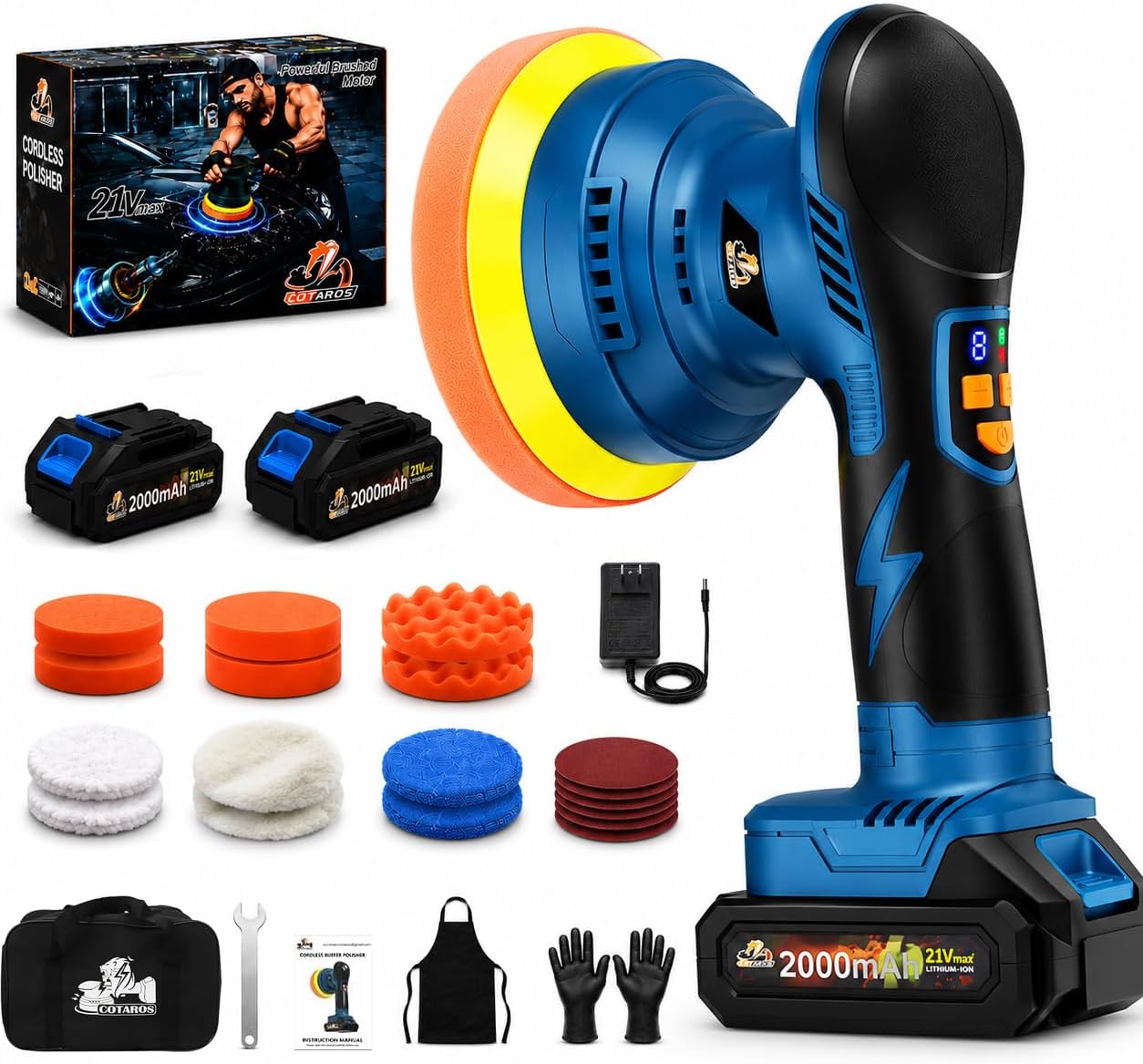 cotaros Cordless Car Buffer Polisher kit, 21V Dual 2000mAh Batteries, 8 ...