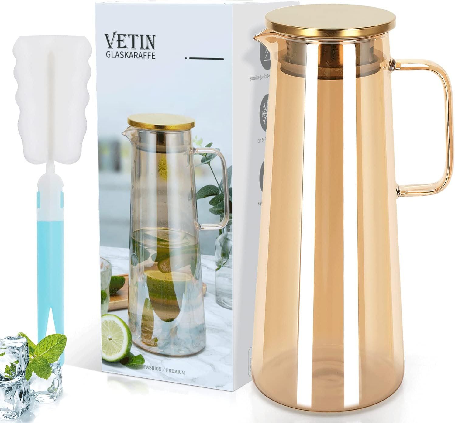 VETIN Glass Carafe 1.8 Litres, Carafe Glass with Lid, Water Carafe Made ...