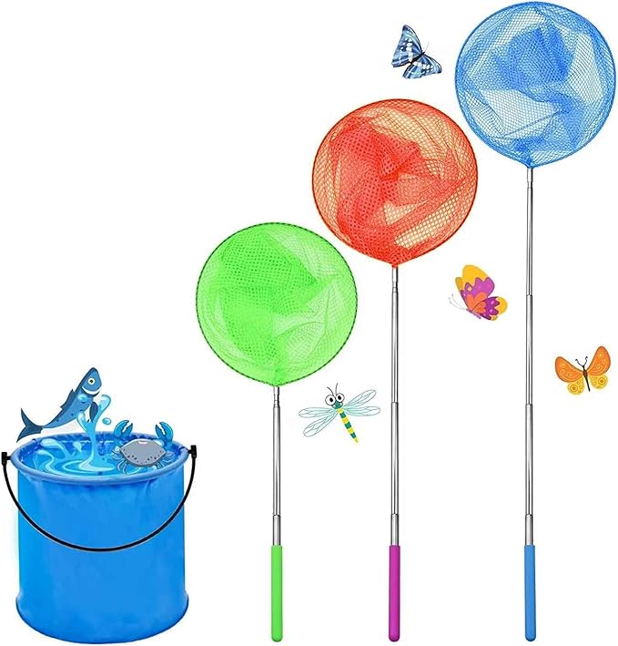 3 Pack Kids Fishing Net,Extendable Butterfly Net,3 Colours Mesh Net for ...