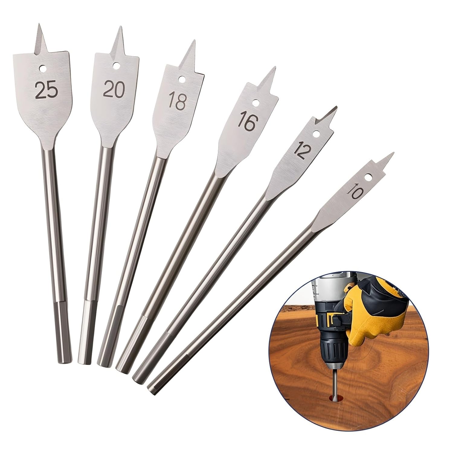 6PCS Spade Drill Bits Set for Woodworking, High Carbon Steel Paddle ...