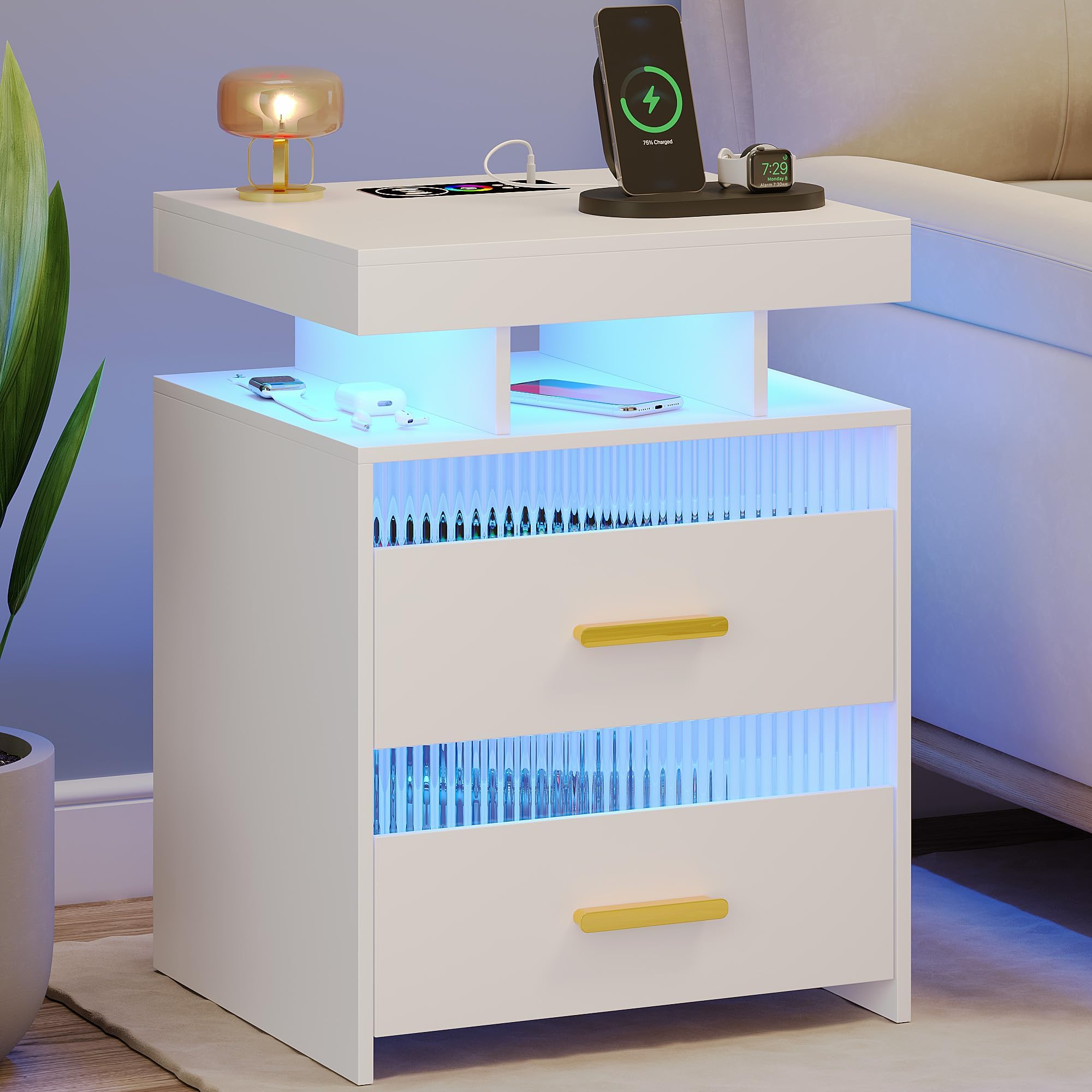 Amazon.com: HUAEU Nightstand with Light and Drawers, LED Night Stand ...