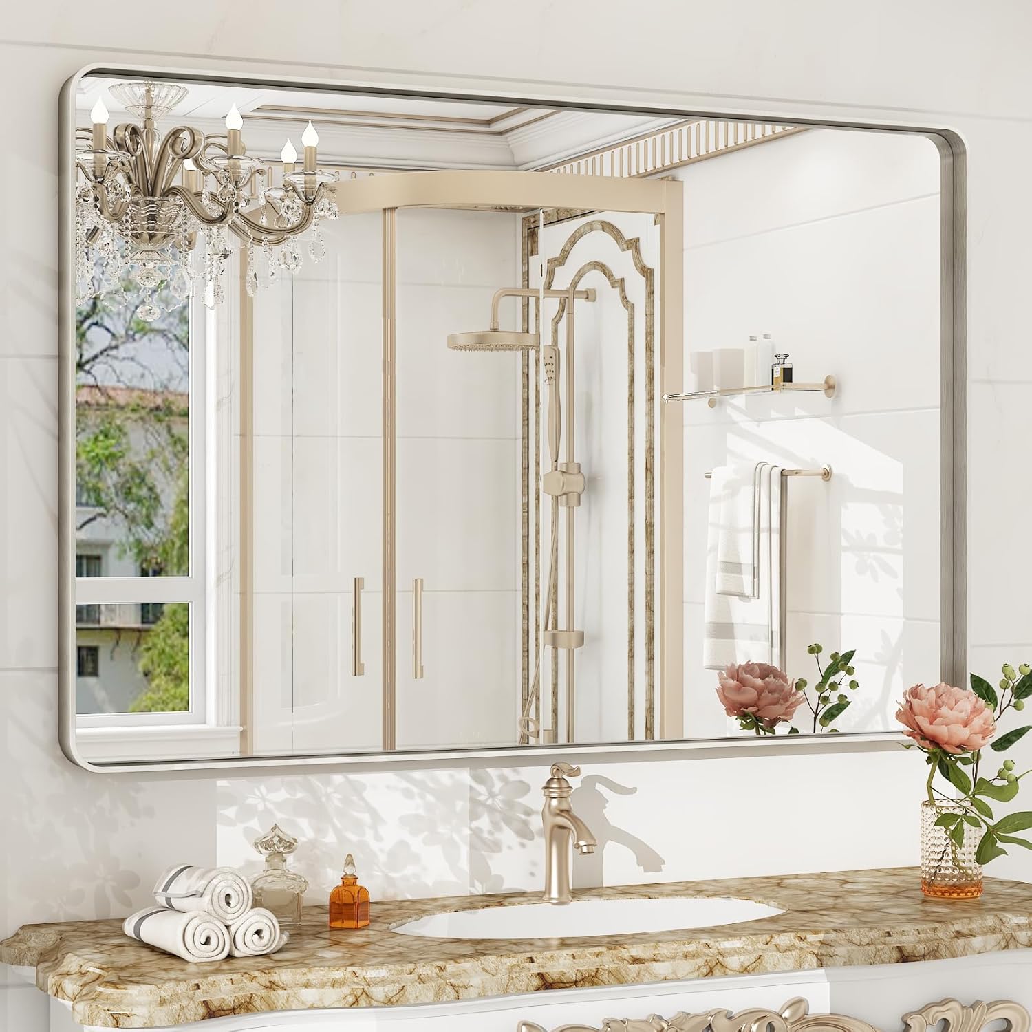 Amazon.com: 48x32 Inch Brushed Nickel Bathroom Mirror, Brushed Silver ...
