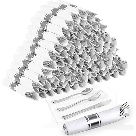 Amazon.com: 100Pack Silver Plastic Silverware - Wrapped Plastic Cutlery ...